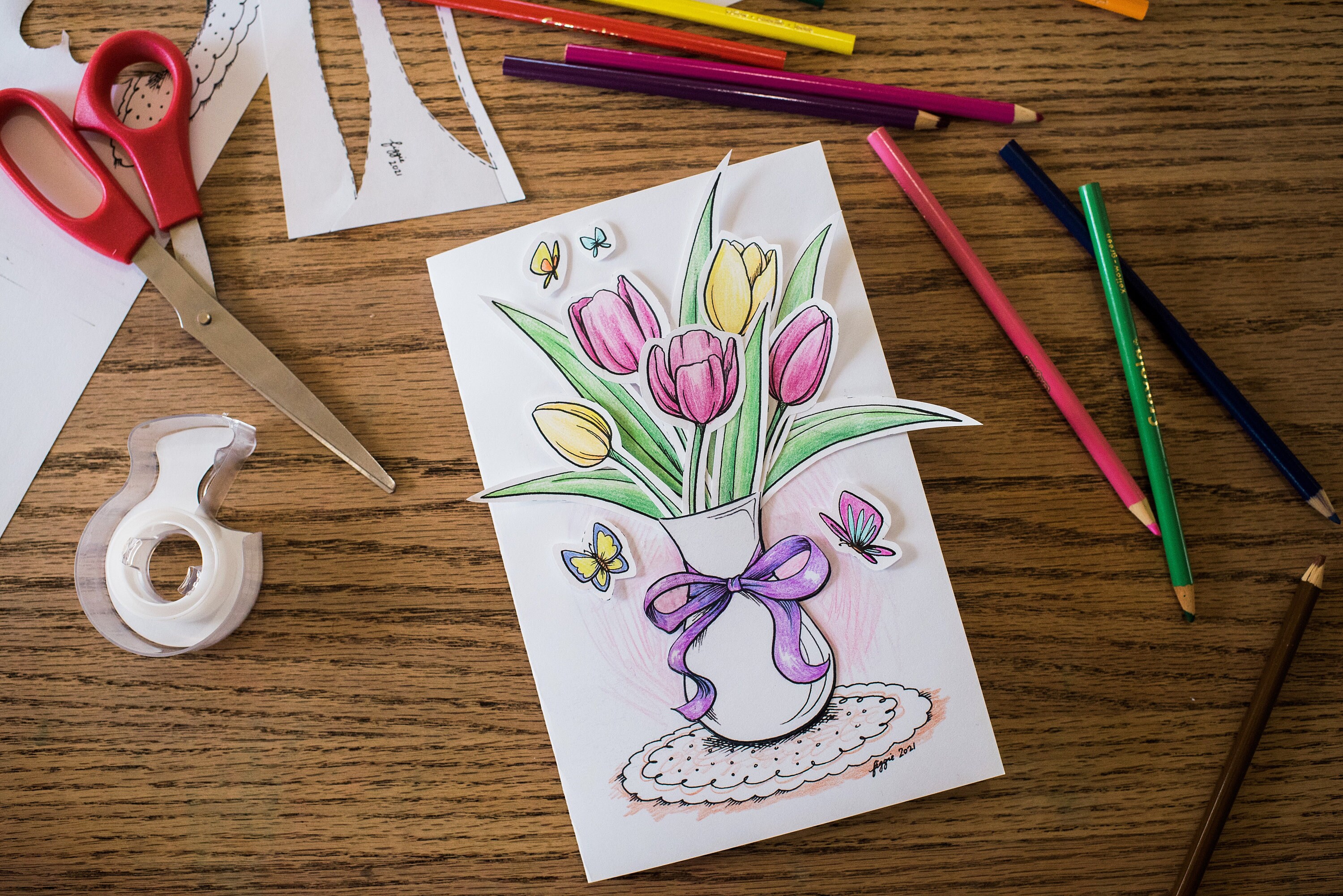 MOTHER'S DAY CARD Printable Coloring Pages | Tulip Bouquet | Paper ...