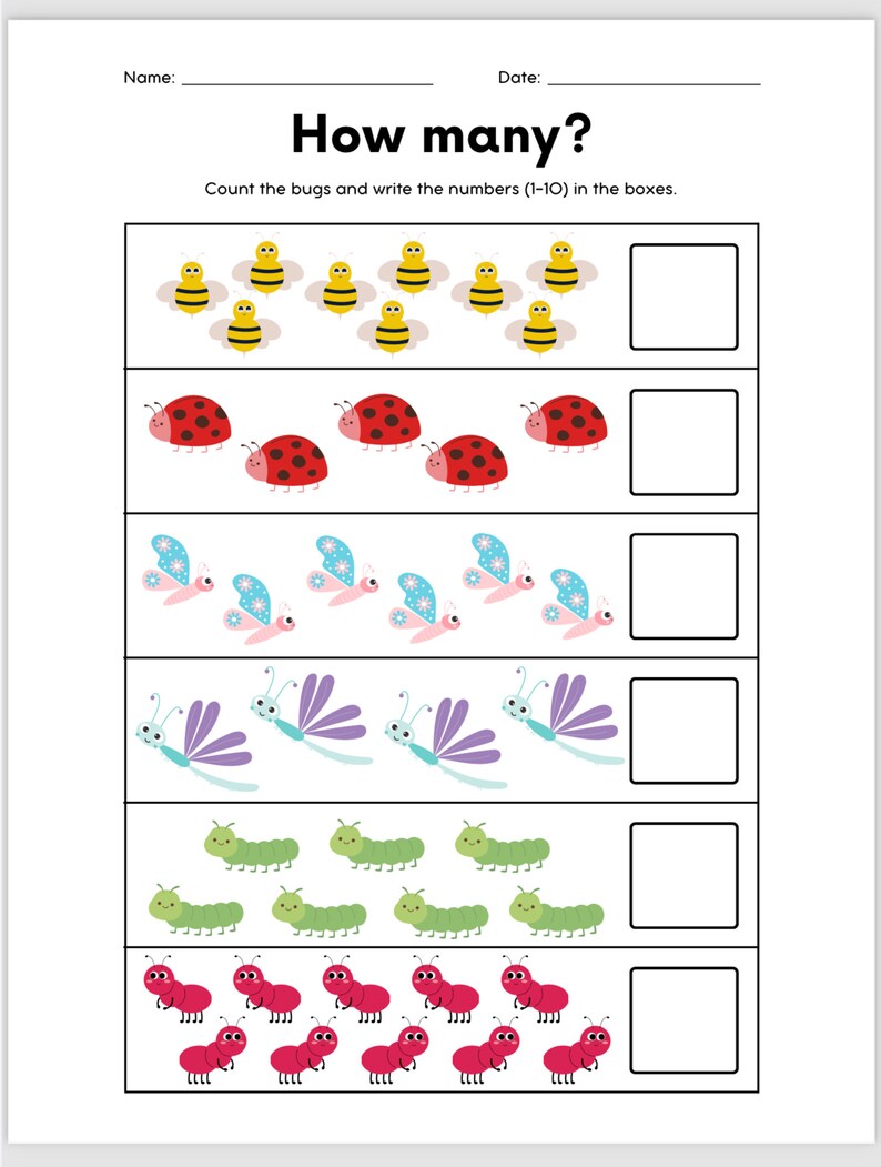 Colorful Insect Counting Worksheet for Kids (numbers 1-10) - Etsy