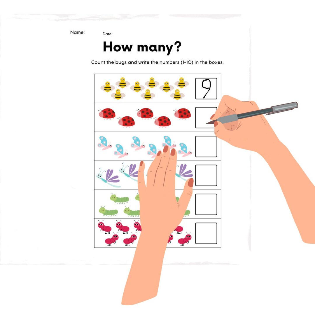 Kids Colorful Number Counting Worksheet 1-10 Insects Edition - Etsy