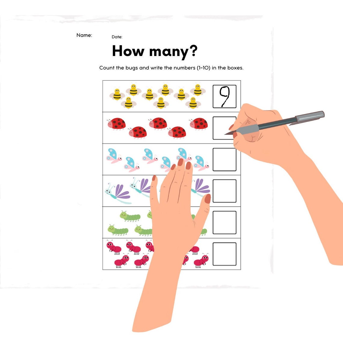 Kids Colorful Number Counting Worksheet 1-10 Insects Edition - Etsy