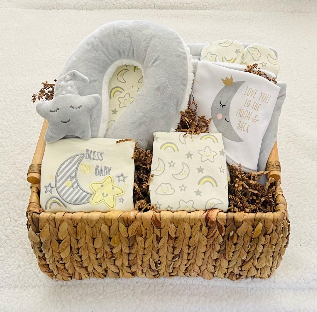 Gray Moon and Stars Baby Shower Gifts Gender Reveal Gift Basket Box Set ...