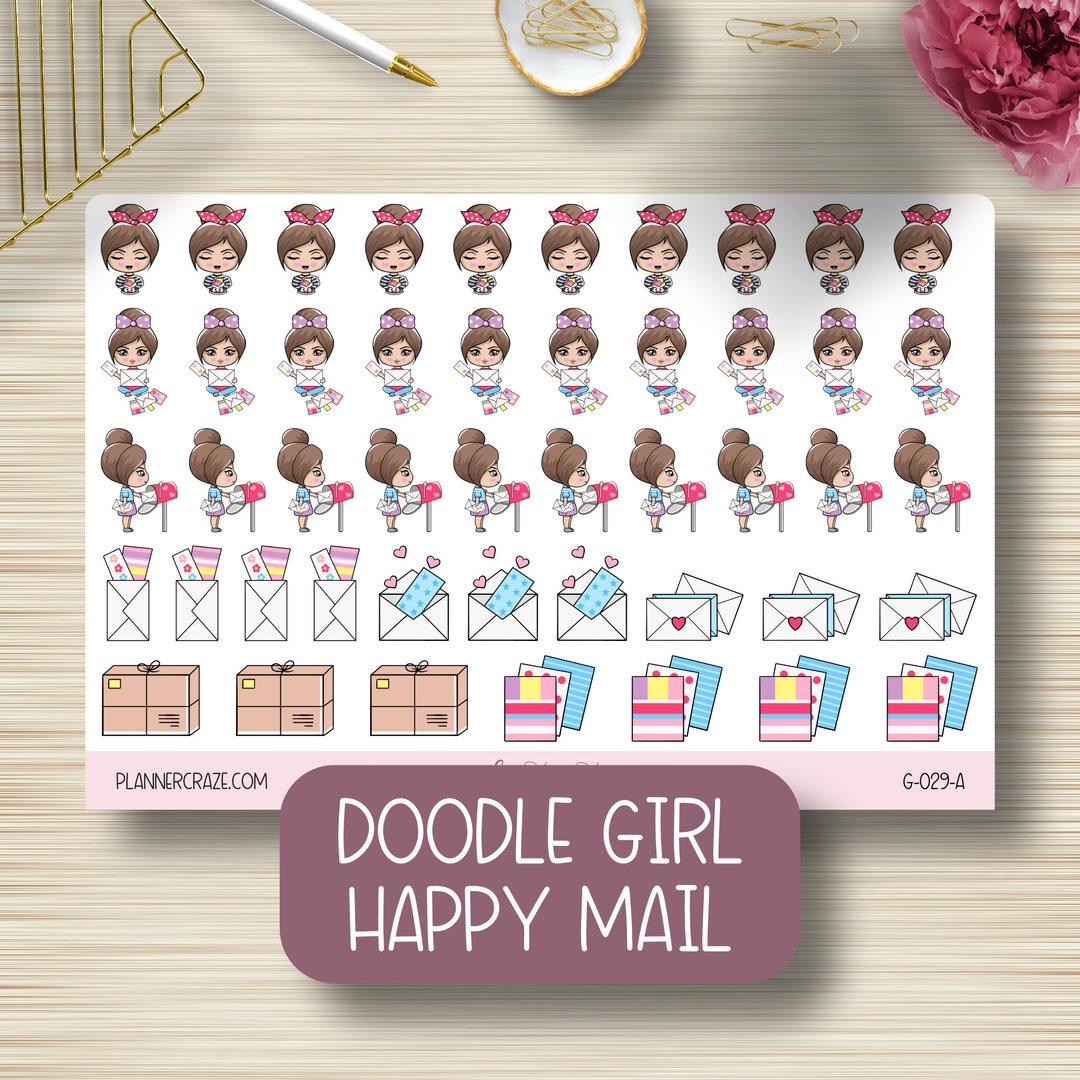 Happy Mail Doodle Girl, Planner Stickers, Planning, EC Stickers, Erin ...