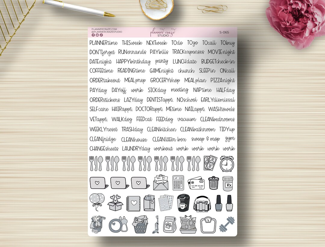 Scripts, Doodles, Planner Stickers, Neutral, Black and White, Planning ...