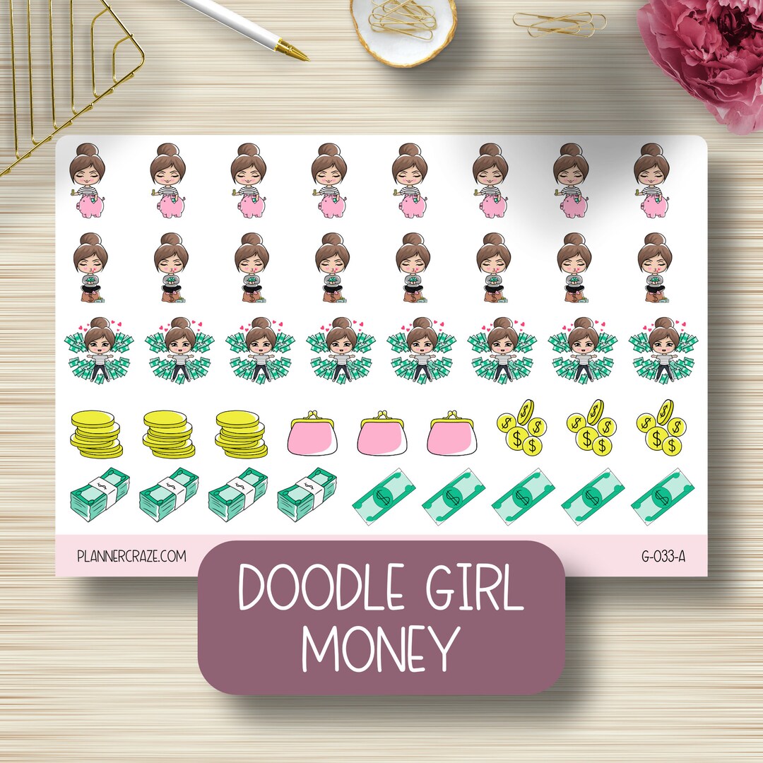 Money Doodle Girl, Planner Stickers, Payday, Savings, EC Stickers, Erin ...