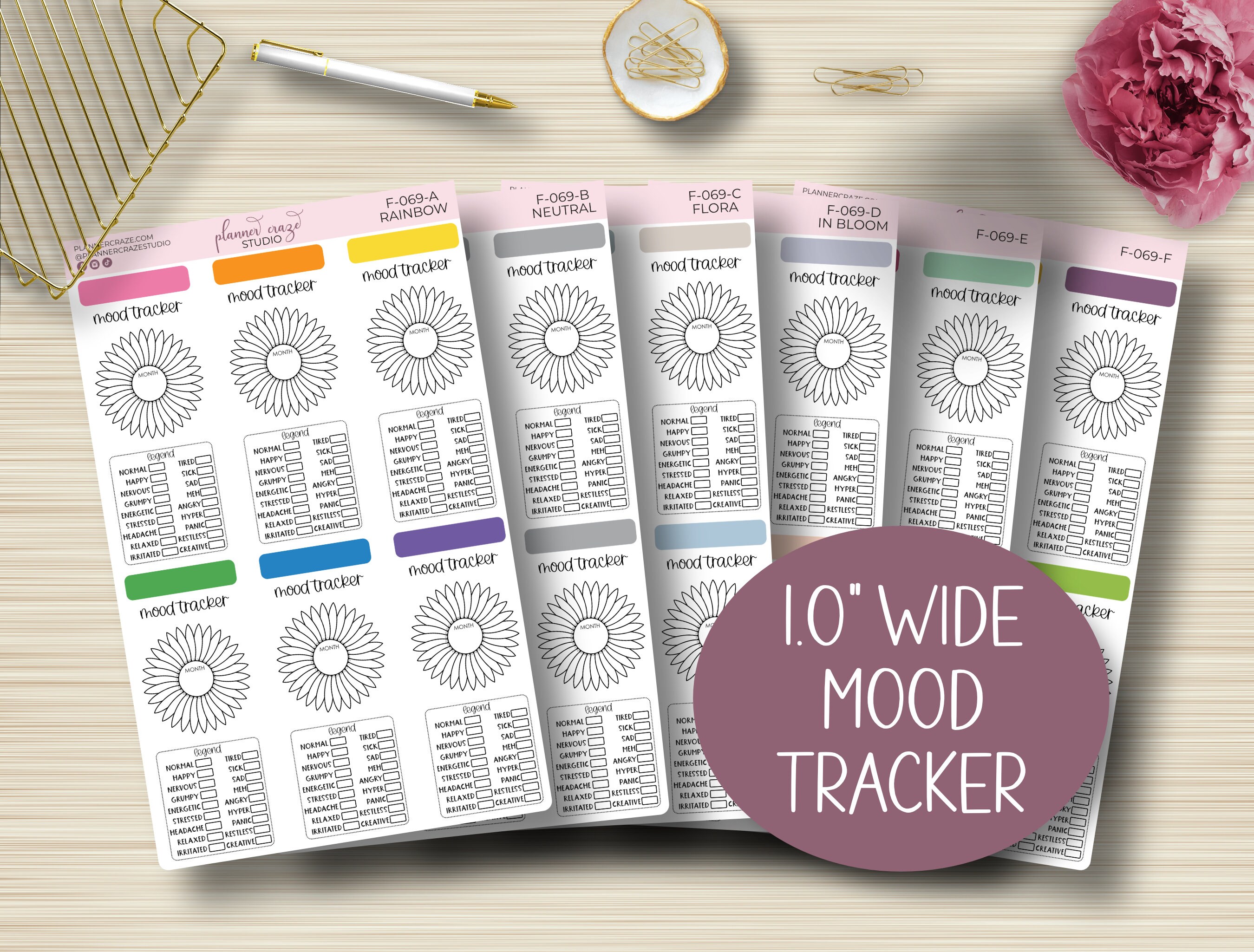 Weekly Mood Tracker 1.0" Wide Flower Planner Stickers, Planning ...