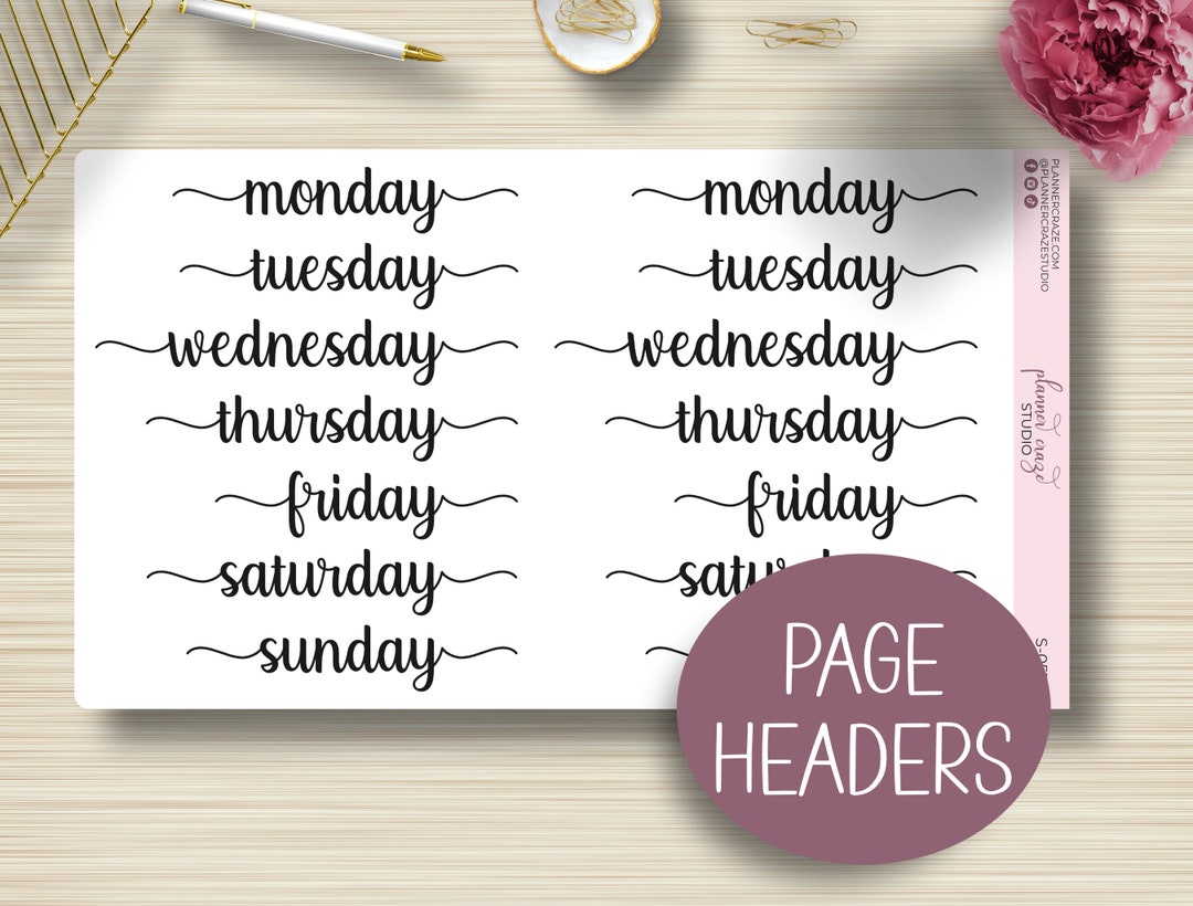 Days of the Week, Planner Stickers, Page Header, Script, Dashboard ...