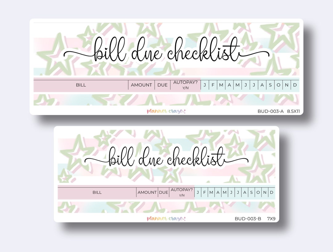 Bill Due Checklist Planner Stickers, Budget, Pay Bills, EC, Erin ...