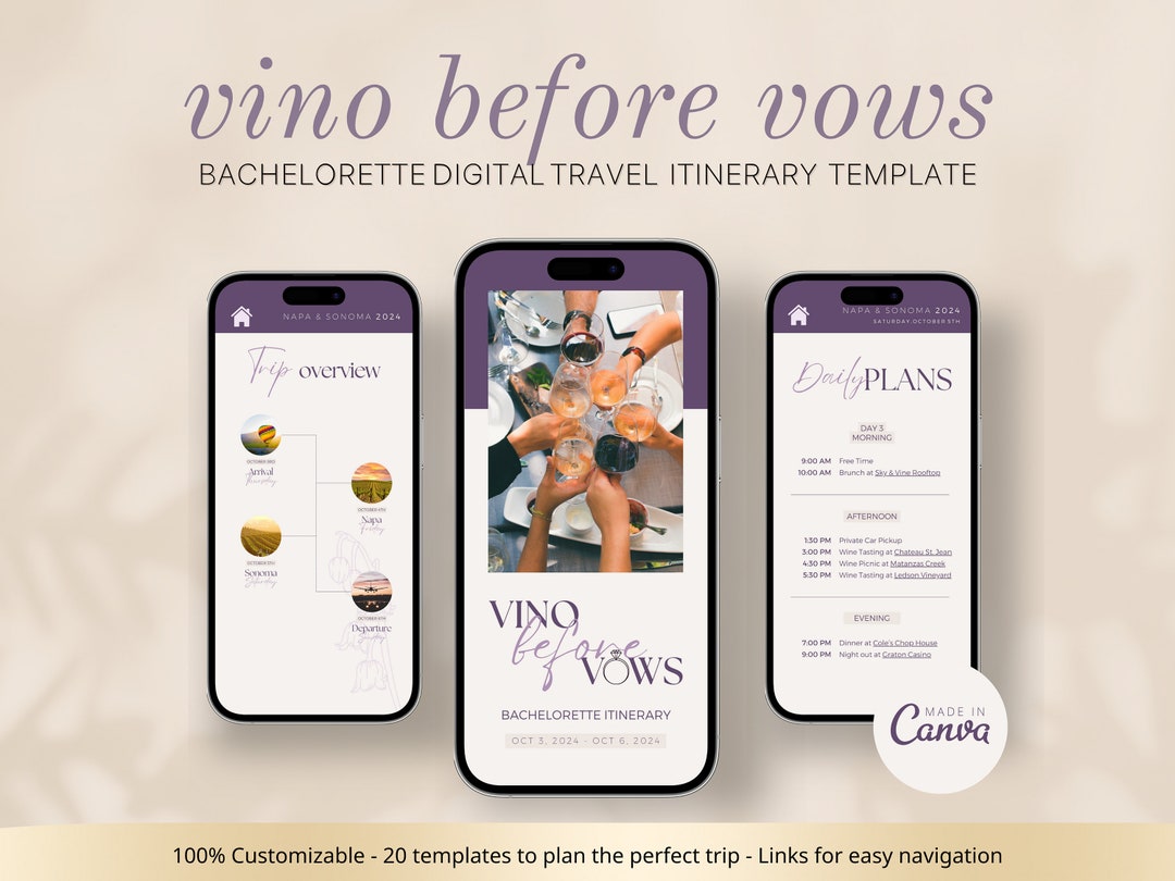 Vino Before Vows Bachelorette Digital Travel Itinerary Template | Mobile Travel Template ...