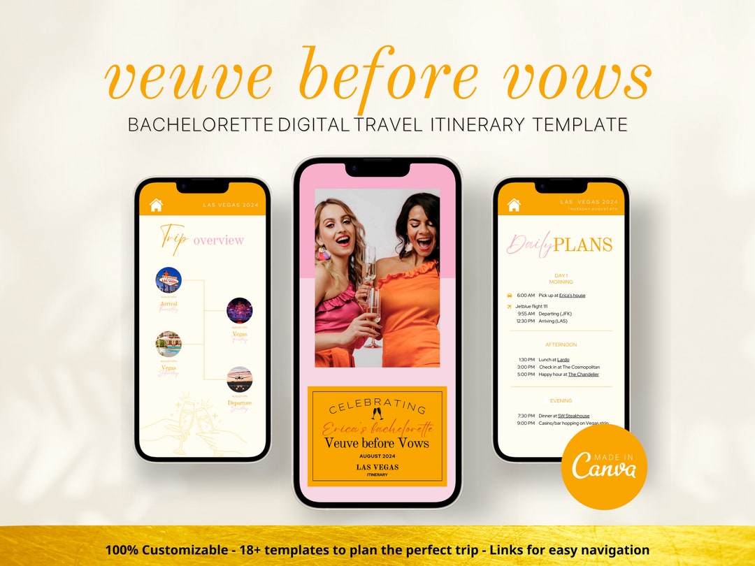 Veuve Before Vows Bachelorette Digital Travel Itinerary Template | Mobile Travel Template ...