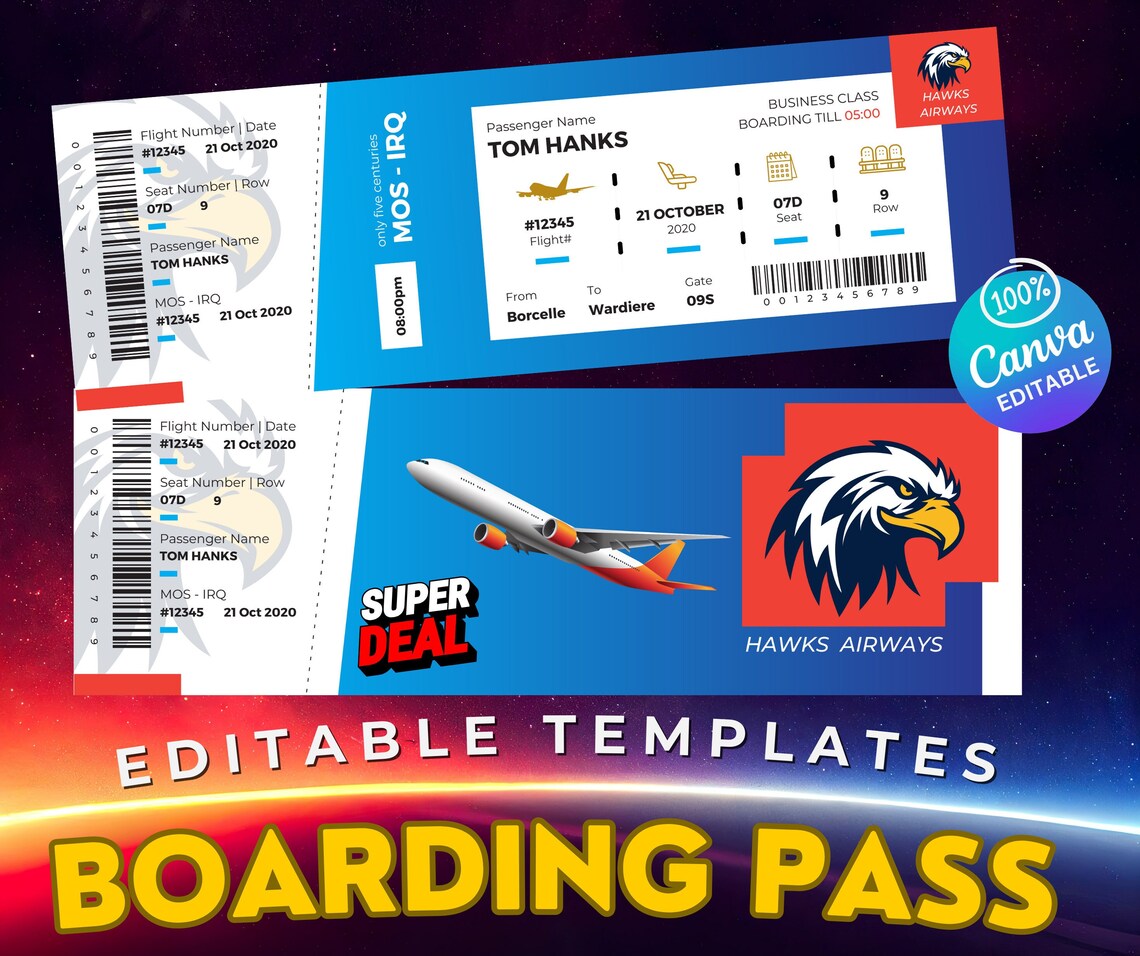 Editable Boarding Pass Template Printable Personalized Airline Ticket ...