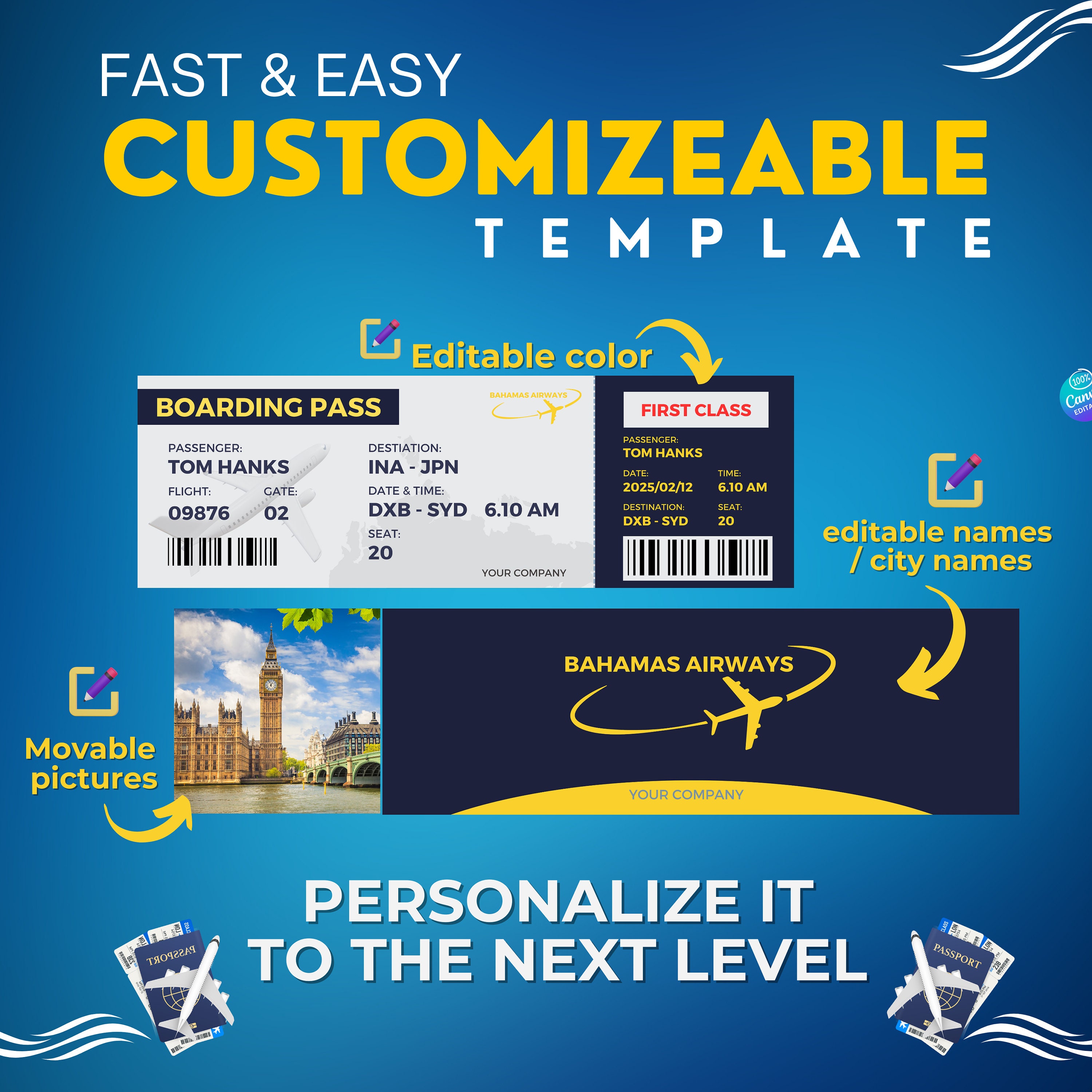 Editable Boarding Pass Boarding Ticket Canva Airline Ticket ...