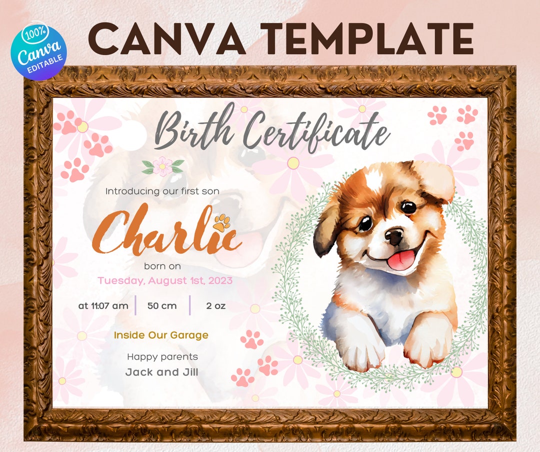 Editable and Customizable Puppy Certificate Canva Template, Printable ...