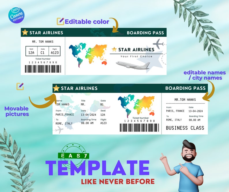 Editable Airline Digital Boarding Pass Template, Travel Pass, Air ...