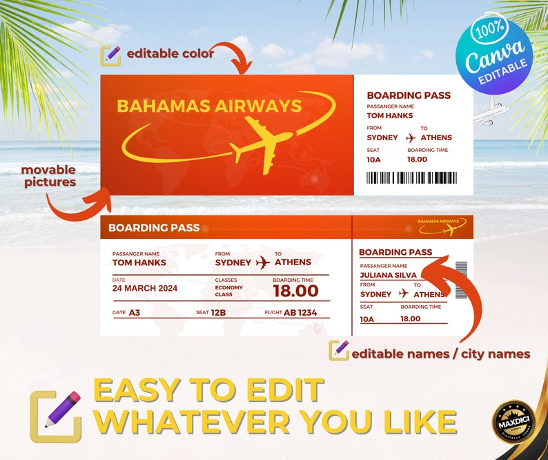 Editable Boarding Pass Template Printable Personalized Airline Ticket ...