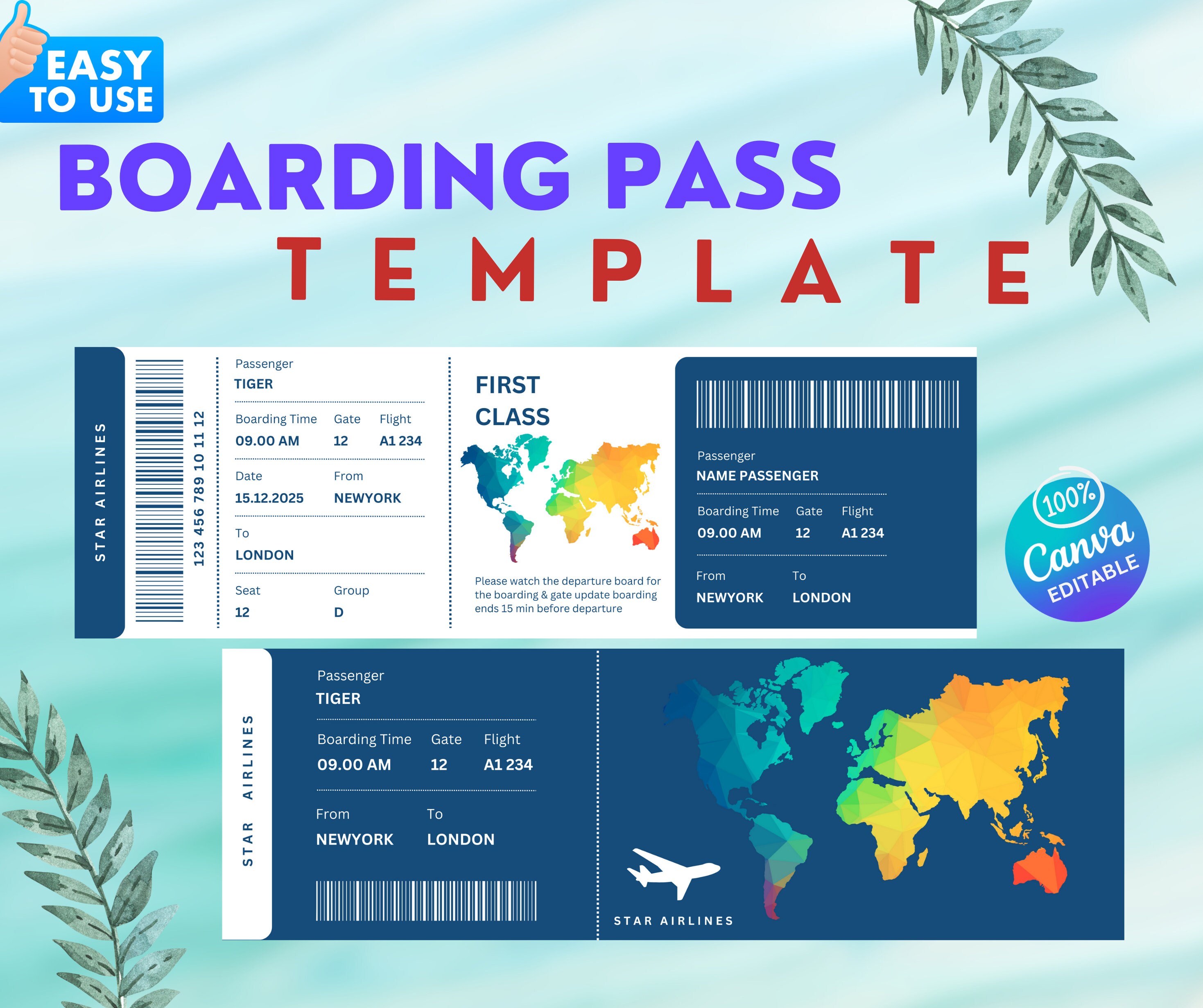 Editable Boarding Pass Template Printable Airline Ticket Customizable ...