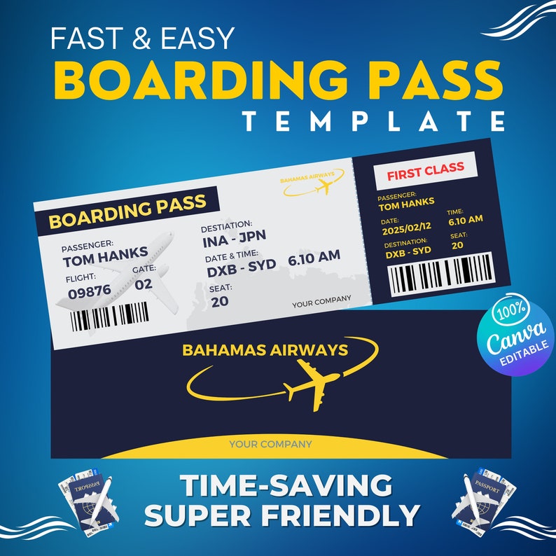 Editable Boarding Pass Boarding Ticket Canva Airline Ticket ...