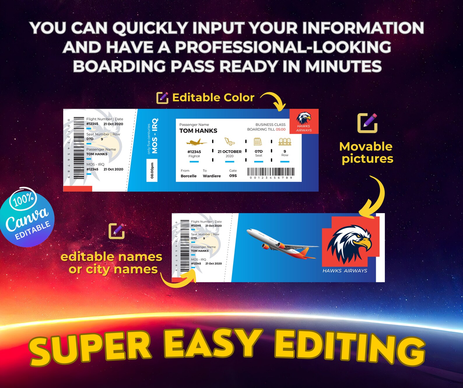Editable Boarding Pass Template Printable Personalized Airline Ticket ...