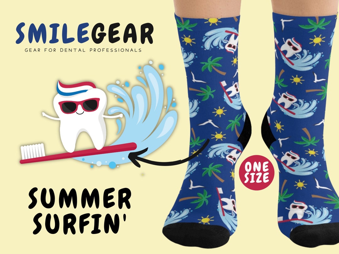 Summer Surfing Tooth Socks | Funny Dentist Socks for Dental Enthusiast ...