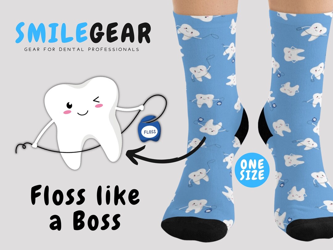 Tooth Flossing Pattern Socks - Cute Dentist Socks W/ Polyester & Cotton ...