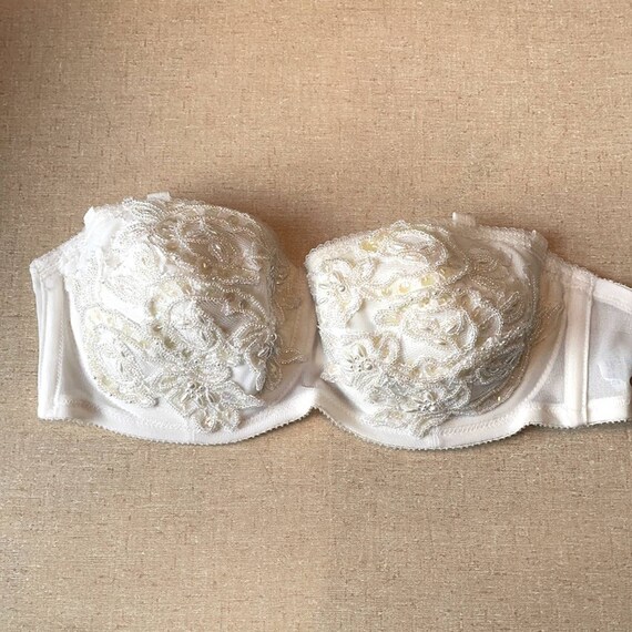 Vintage 80s White Beaded Strapless Bustier Bra - 34B - Gem