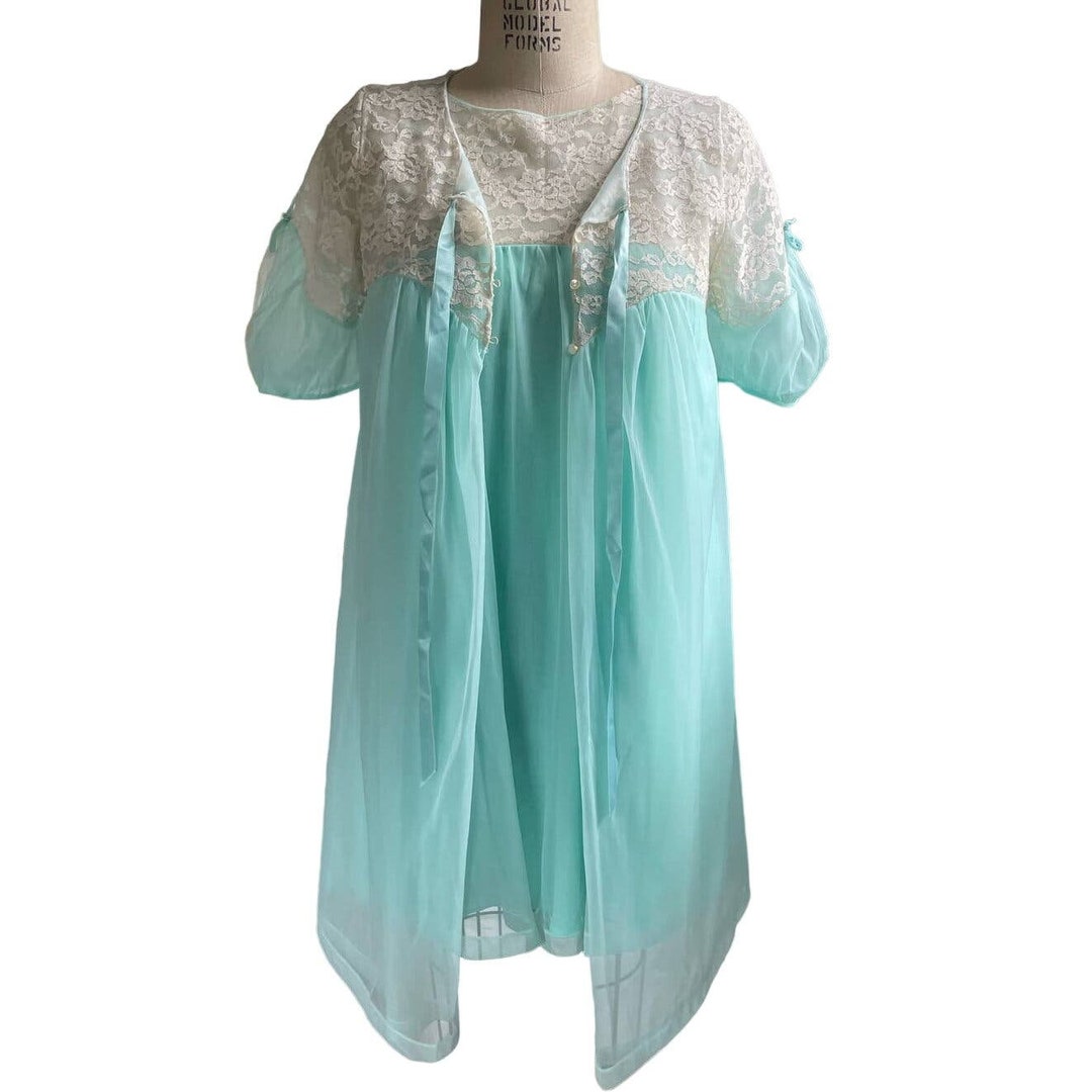 Vintage 70s Evette Teal Chiffon & White Lace Pegnoir Robe Nightgown Set ...