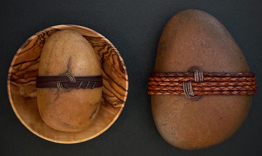 Sold as a Set, Leather Wrapped Rocks, Centering Stones, Olive Wood Bowl ...