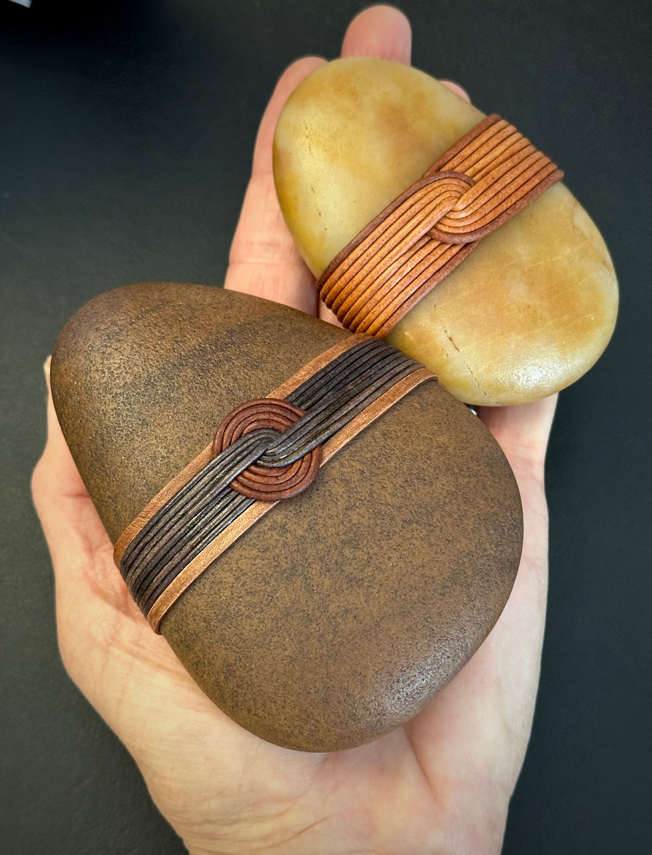Sold as a Set, Handwoven Leather Wrapped Centering Stones, Meditation ...