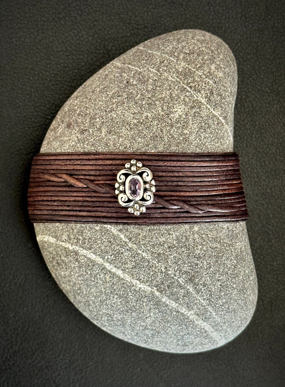 Leather-wrapped Centering Stone With Sterling Silver and Amethyst ...