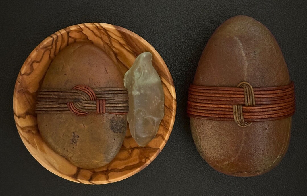 Leather Wrapped Rocks With Sea Glass in Olive Wood Bowl: Zen Decor Set ...