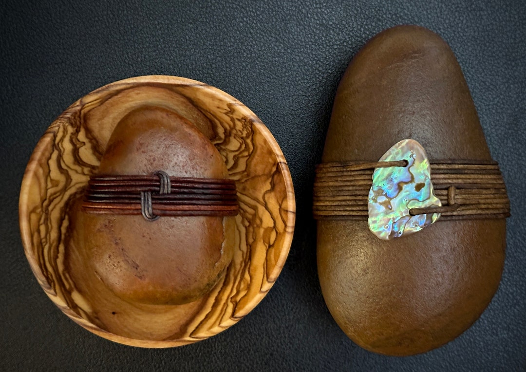Sold as a Set, Wrapped Rocks, Small Olive Wood Bowl, Leather Wrapped ...