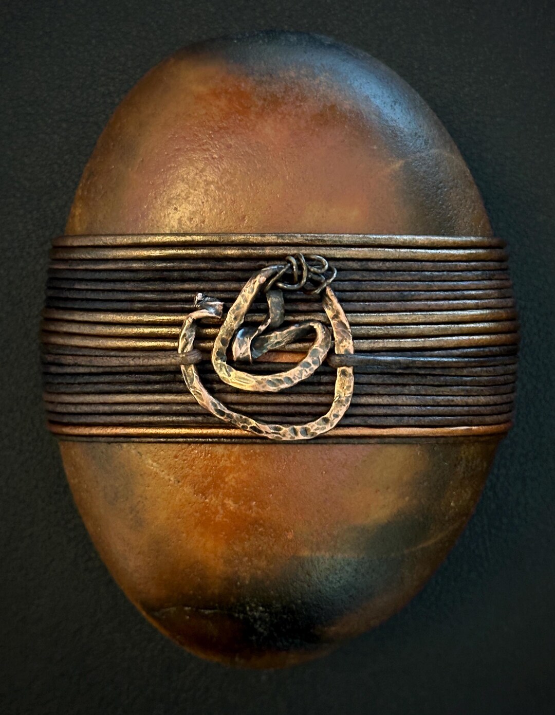 Wrapped Rock, Hammered Copper Wire, Leather Wrapped Centering Stone ...