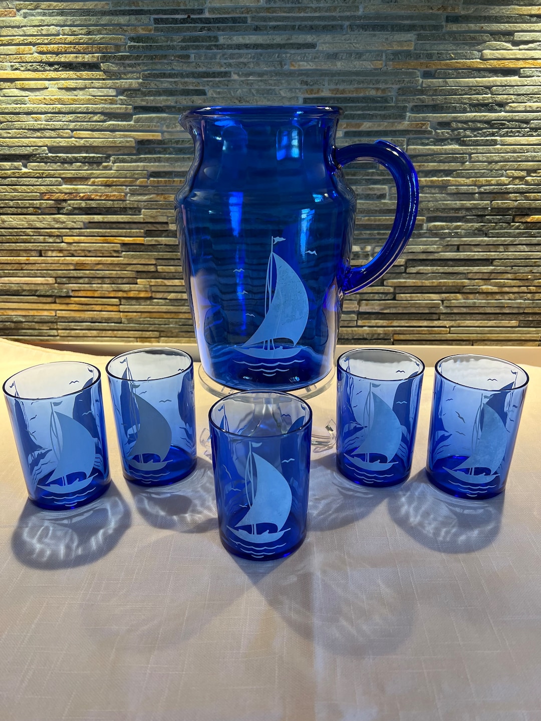Hazel Atlas 1930 Blue Depression Glass Pitcher and Glass - Etsy