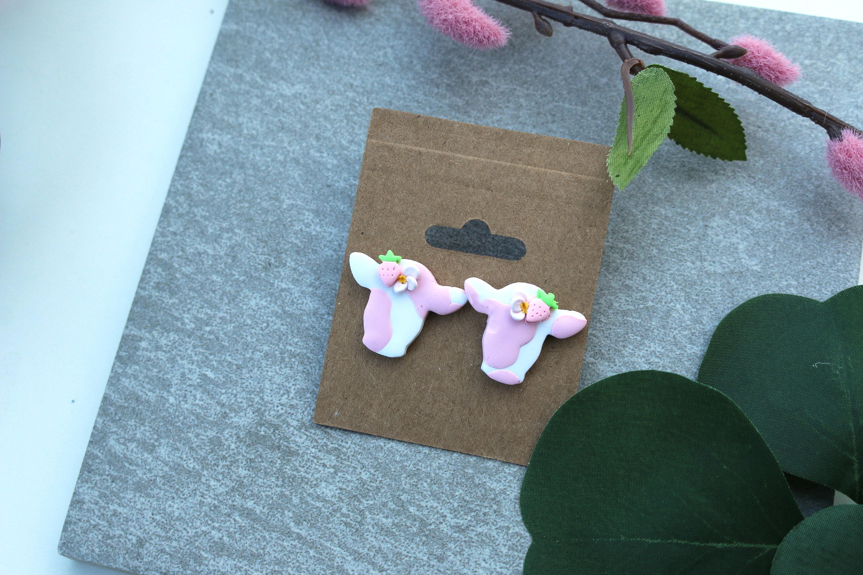 Strawberry Cow Earrings Strawberry Cow Clay Studs Clay Earrings Spring ...