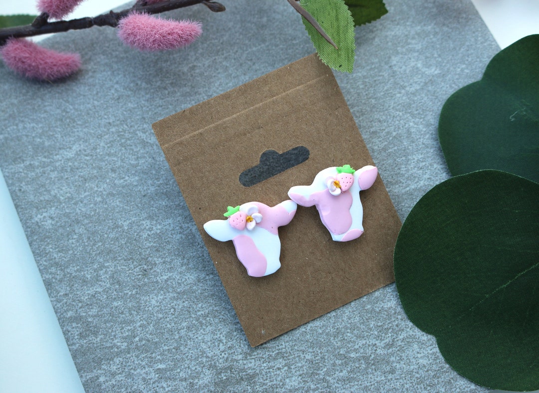 Strawberry Cow Earrings Strawberry Cow Clay Studs Clay Earrings Spring ...