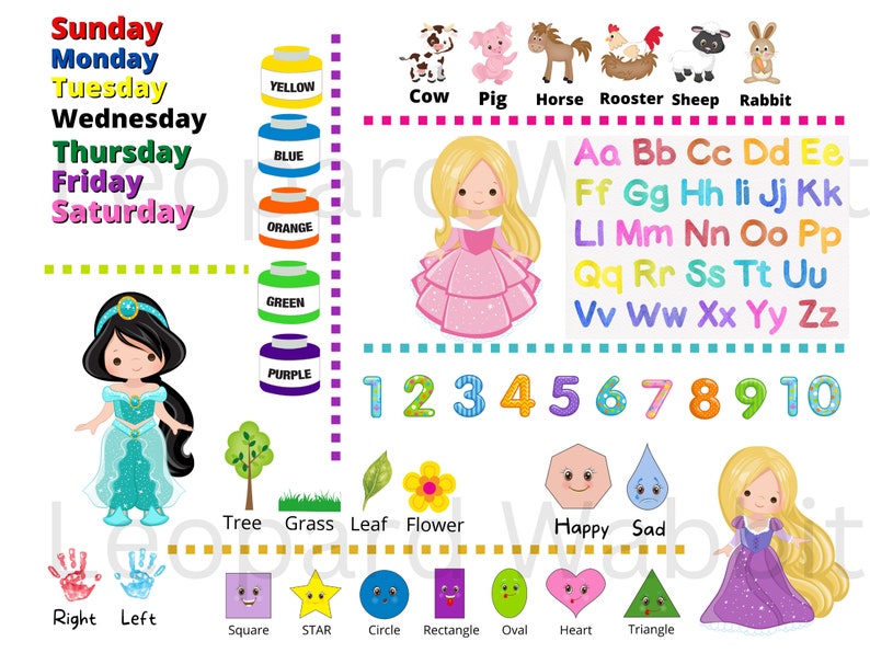 Princess Learning Pillow PNG: Colors, Alphabet, Numbers (digital ...