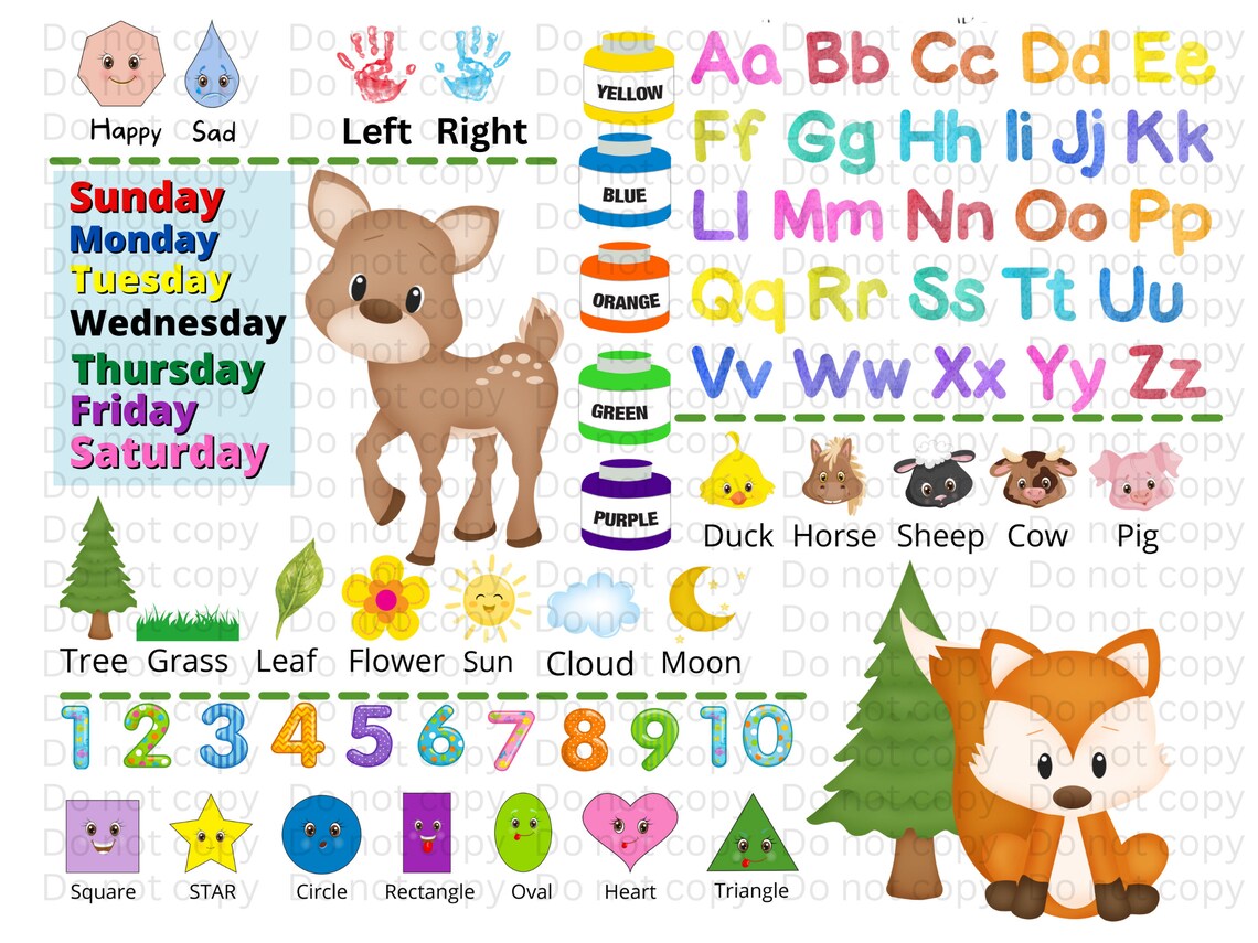 Woodland Animals Learning Chart: Kids Printable PNG (digital Download ...