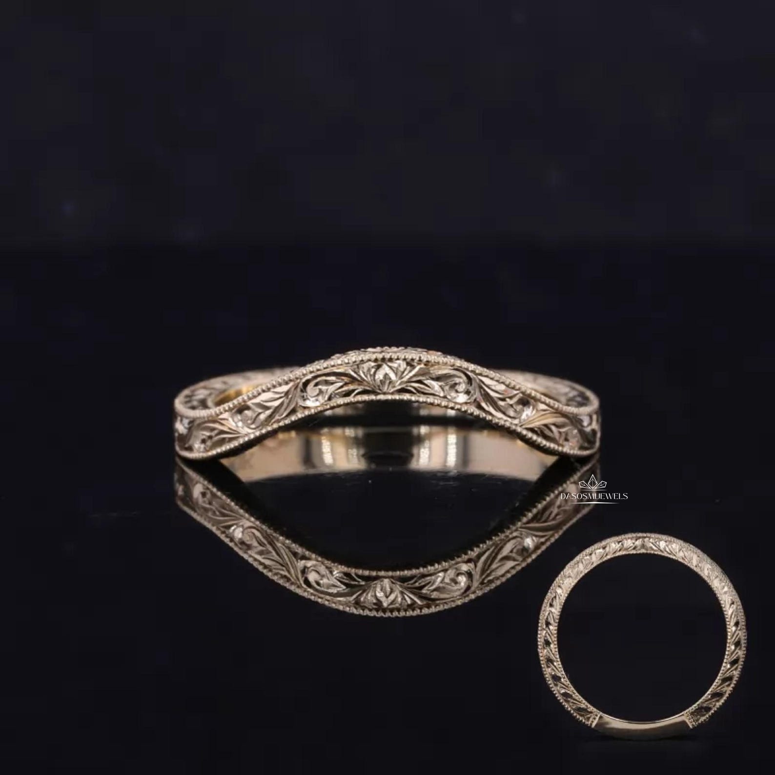 Chevron Leaf & Vine Engraving Solid Gold Band, Solid Gold Wedding Band ...