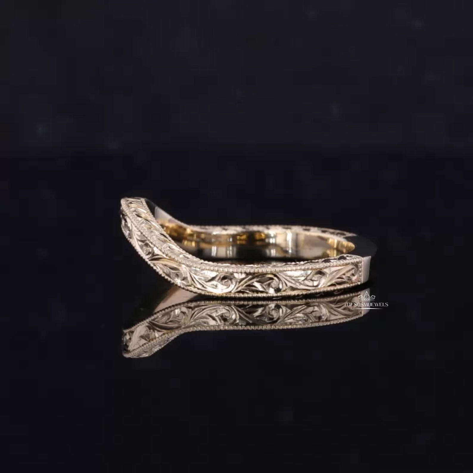 Chevron Leaf & Vine Engraving Solid Gold Band, Solid Gold Wedding Band ...