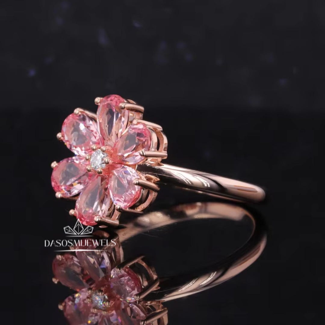 Anillo de flores con gema talla pera, anillo nupcial único, anillo ...