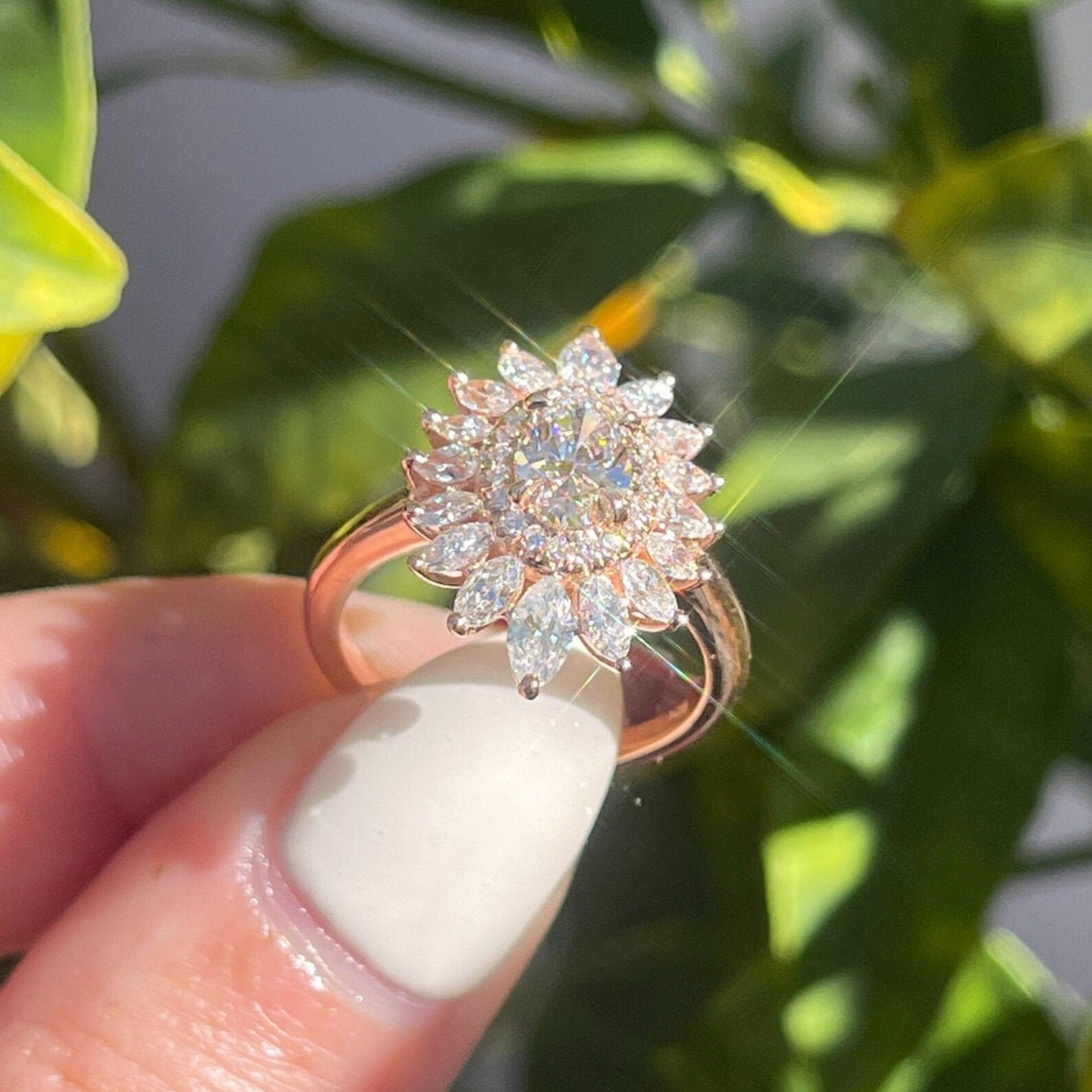 Unique Wedding Oval Halo Moissanite Engagement Ring Oval Starburst