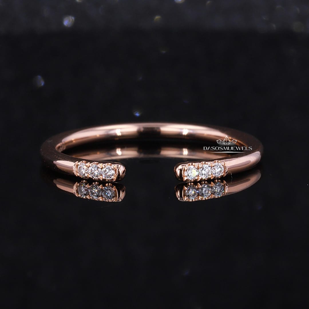 Rose Gold Open Cuff Moissanite Wedding Band, Pave Adjustable Gap Ring ...
