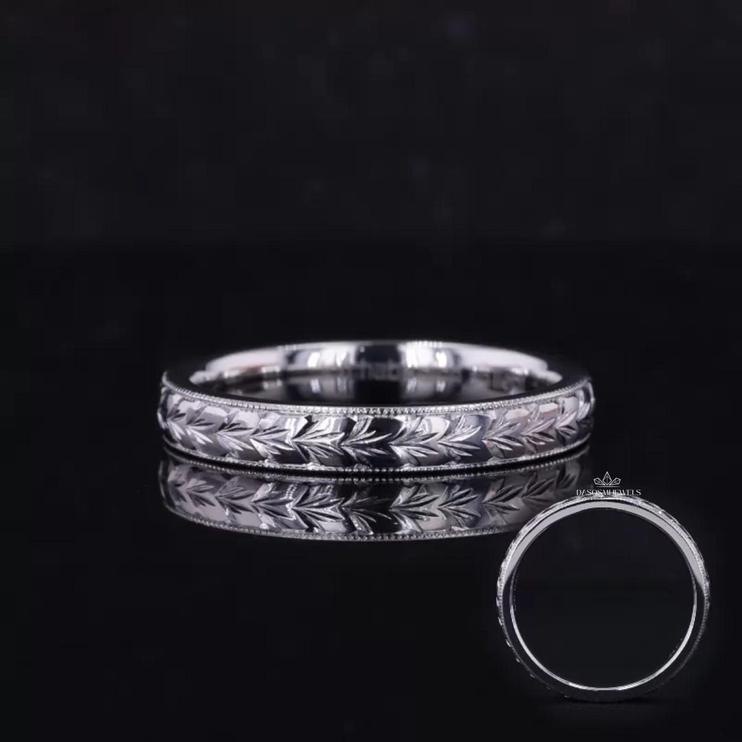 Milgrain Leaf Engraved Engagement Band, Vintage Plain Band, Filigree ...