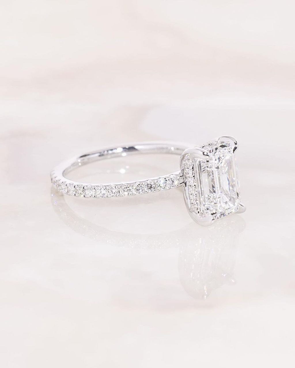 2 Ct Emerald Cut Moissanite Hidden Halo Engagement Ring Emerald