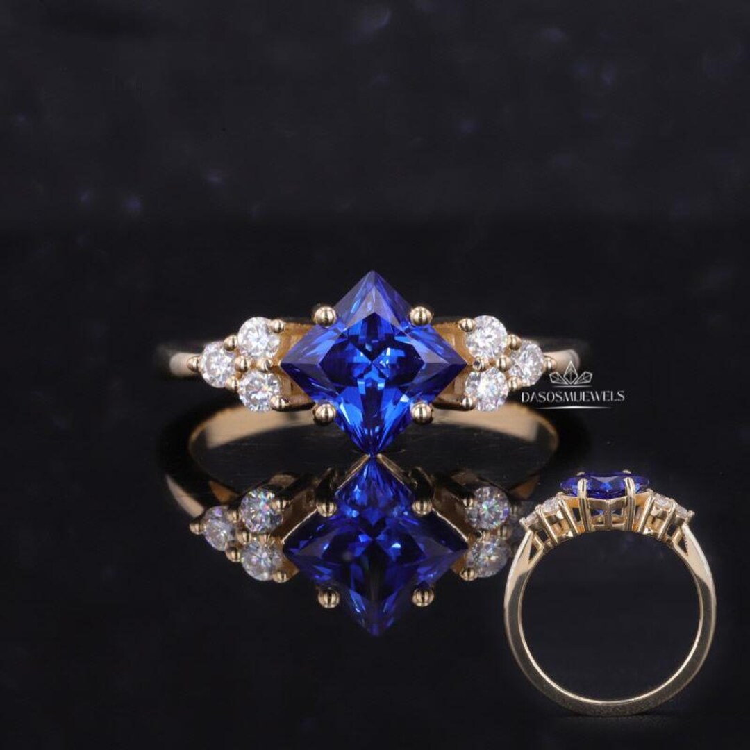 Royal Blue Princess Cut Moissanite Ring, 14K Yellow Gold Princess Cut ...