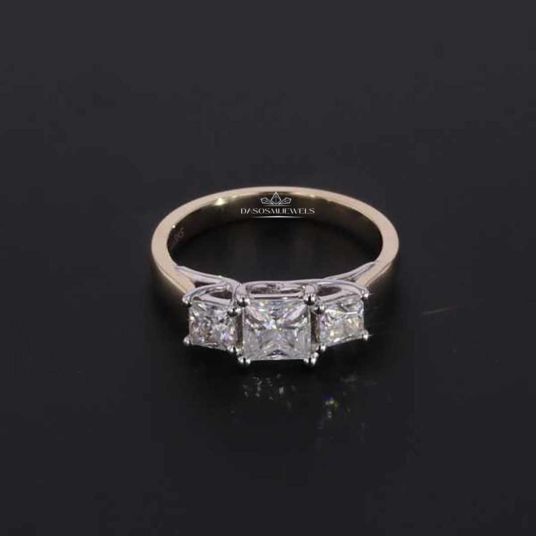 Princess Cut Moissanite Engagement Ring, Three Stone Bride Square Cut ...