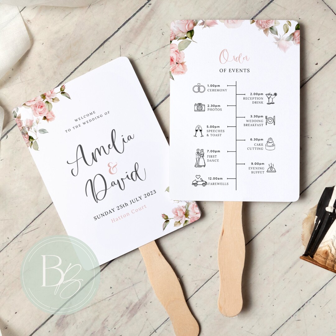 Pink Roses Design Wedding Fan Programmes, Modern Wedding Paddle ...