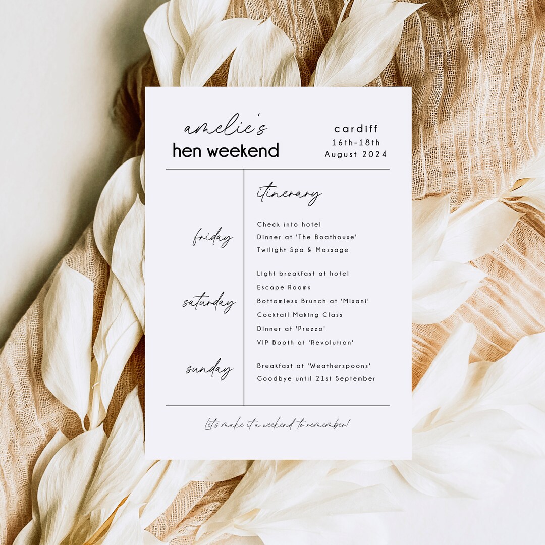 Hen Do Itinerary Card, Hen Party Itineraries, Hen Do Invitation ...
