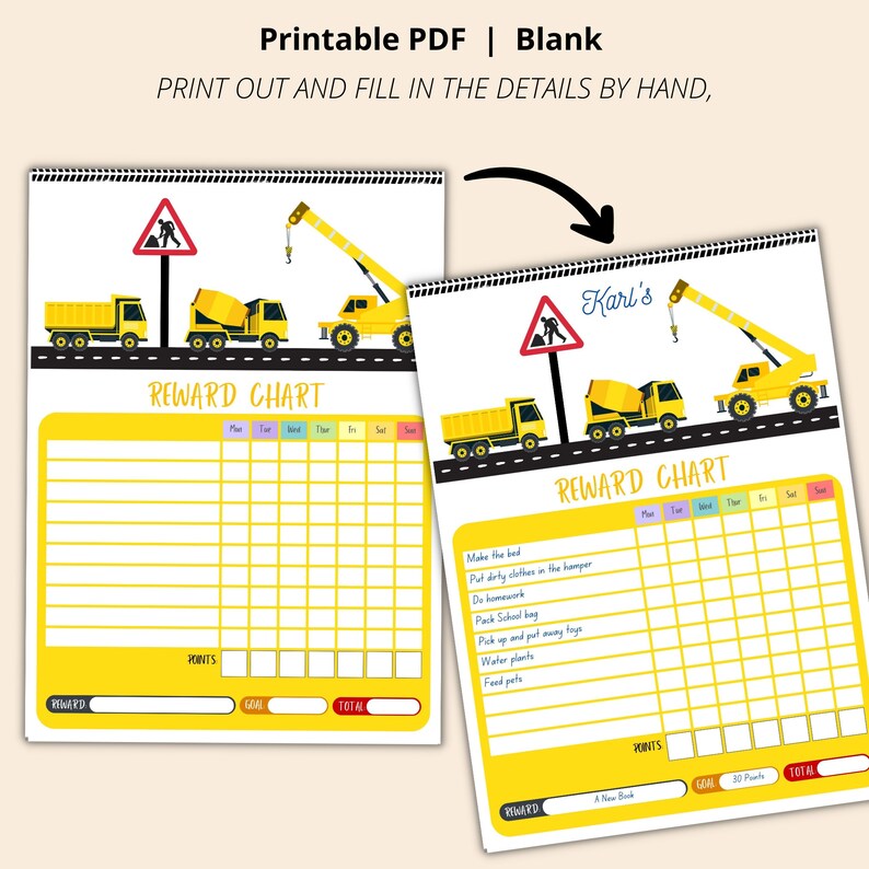 Editable Construction Reward Chart, Boys Construction Trucks, Chore ...