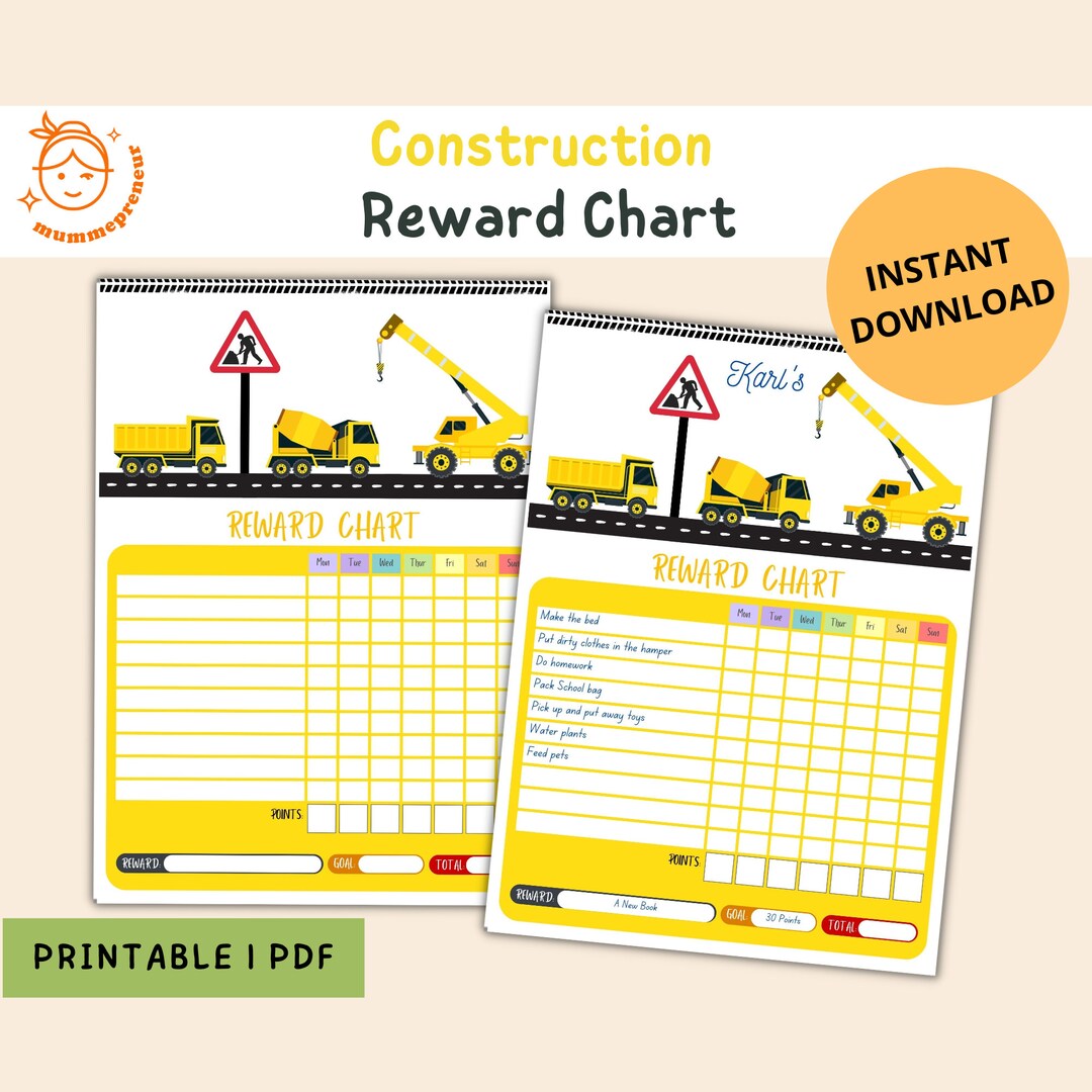 Editable Construction Reward Chart, Boys Construction Trucks, Chore ...