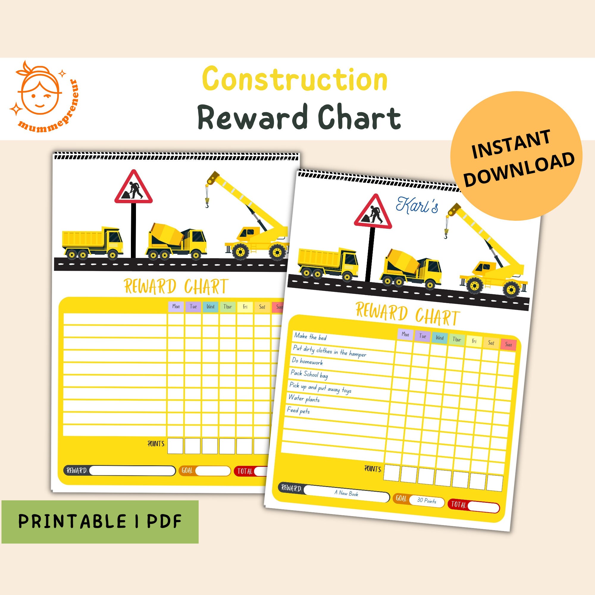 Editable Construction Reward Chart, Boys Construction Trucks, Chore ...
